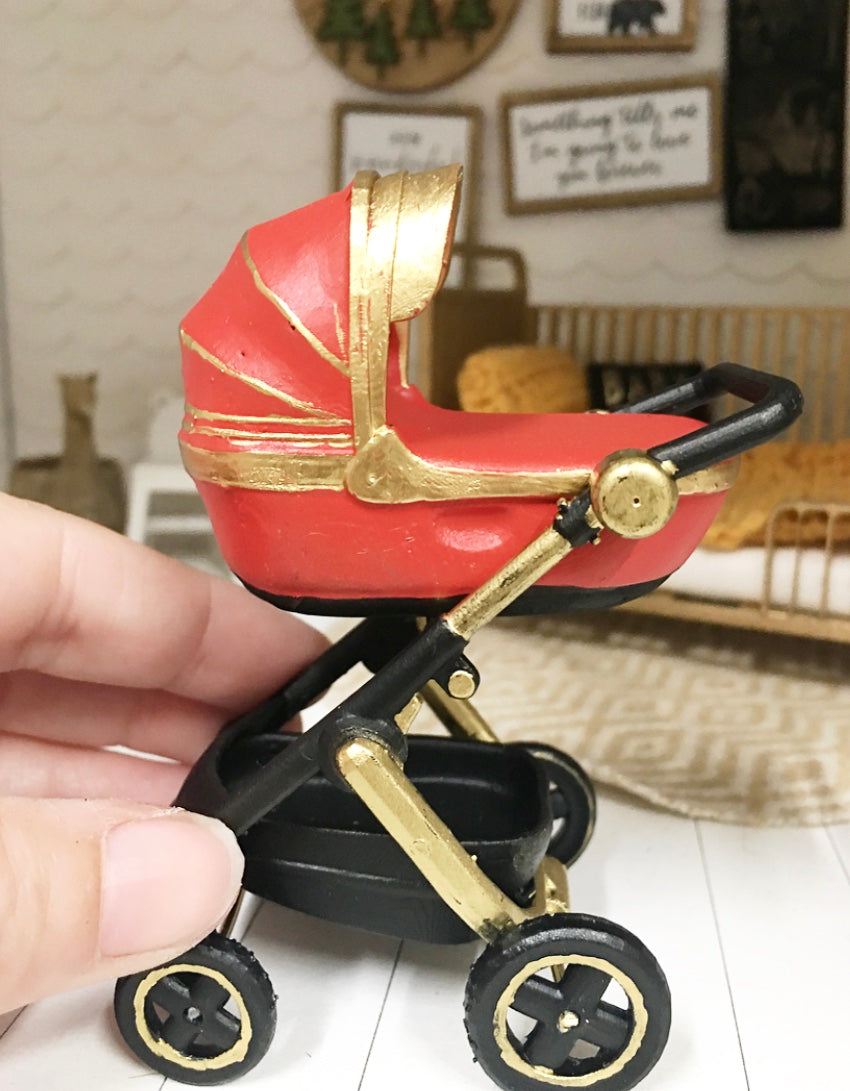 1:12 Scale | Miniature Farmhouse Pram Red & Gold – MyMiniatureEmporium