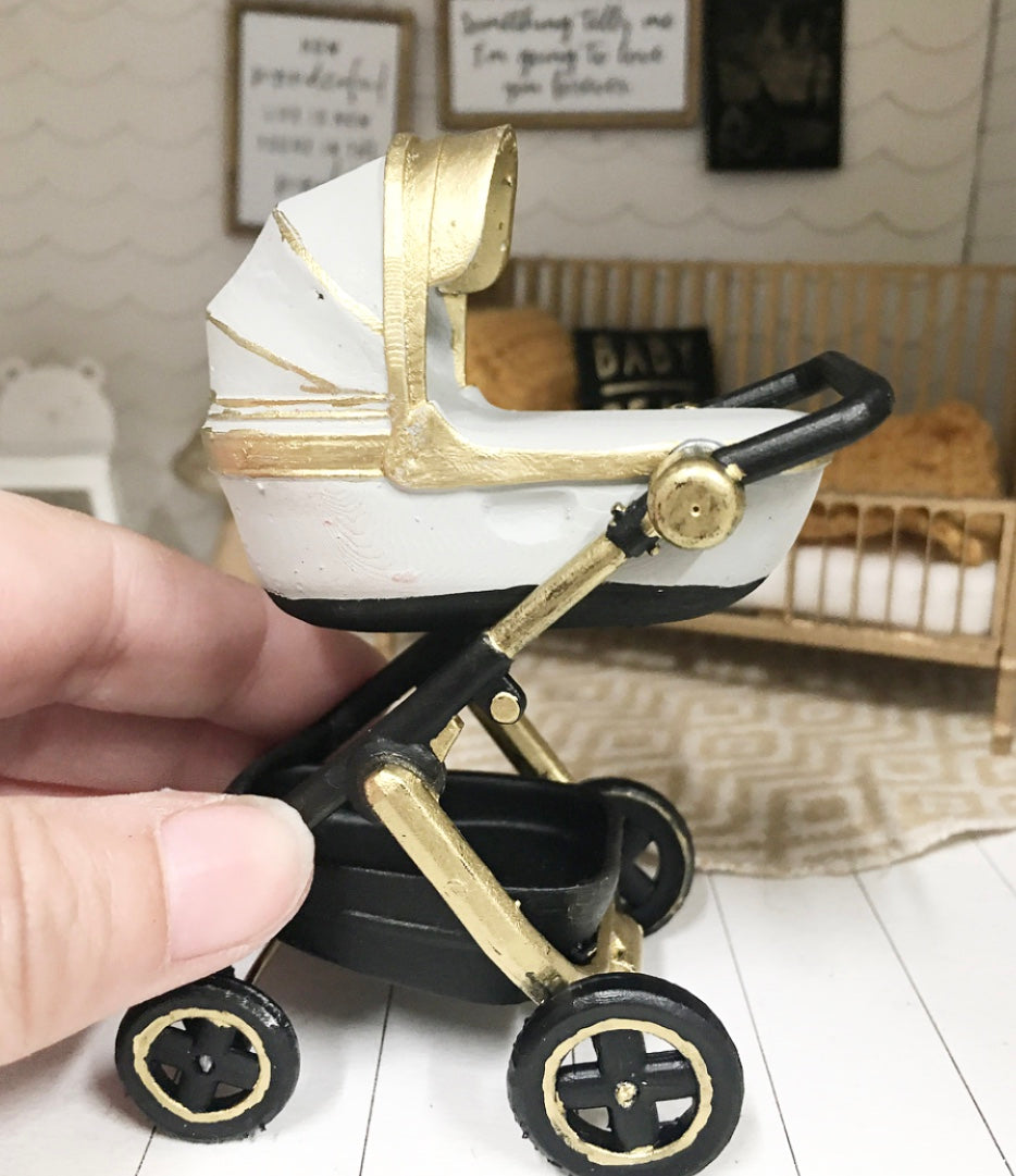 1:12 Scale | Miniature Farmhouse Pram Grey & Gold – MyMiniatureEmporium