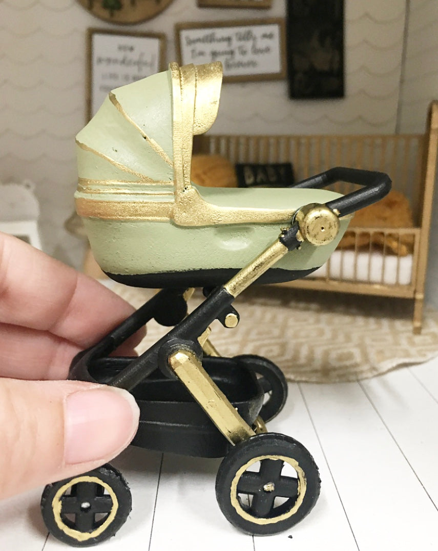 1:12 Scale | Miniature Farmhouse Pram Hunter Green & Gold ...