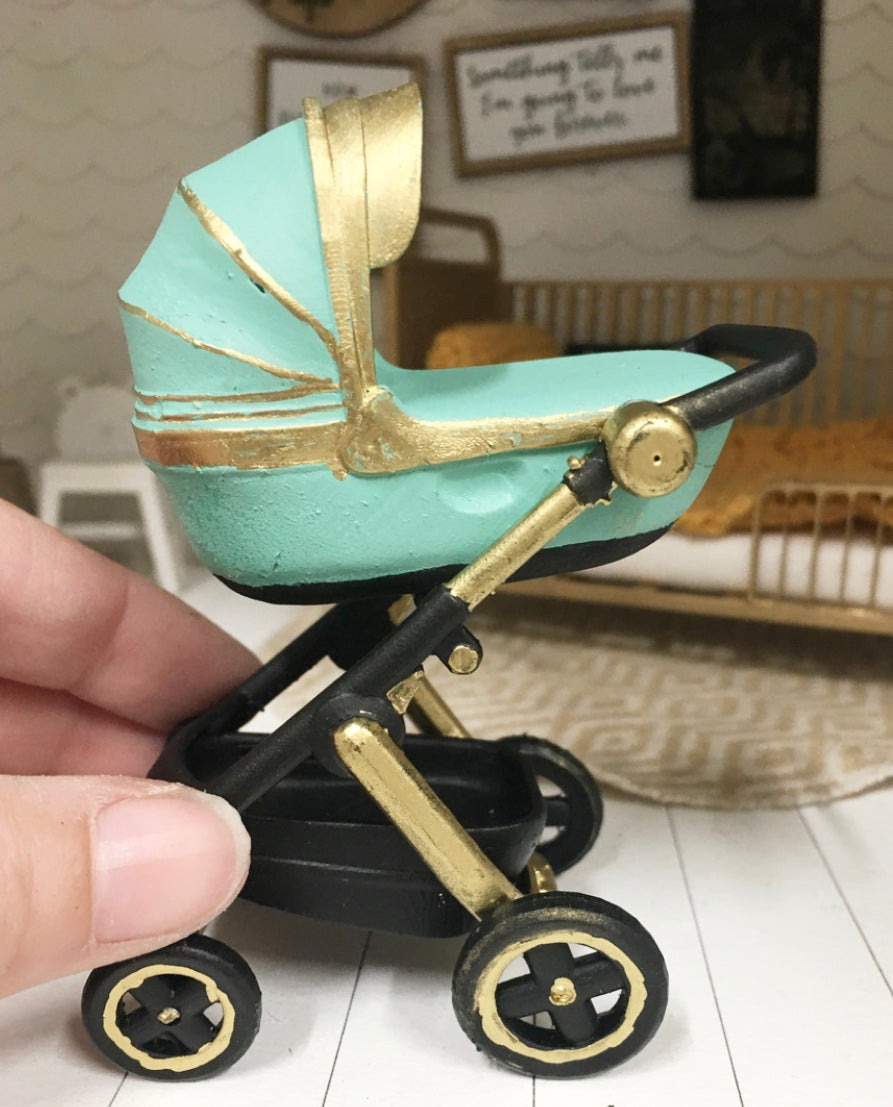 1:12 Scale | Miniature Farmhouse Pram Mint & Gold – MyMiniatureEmporium