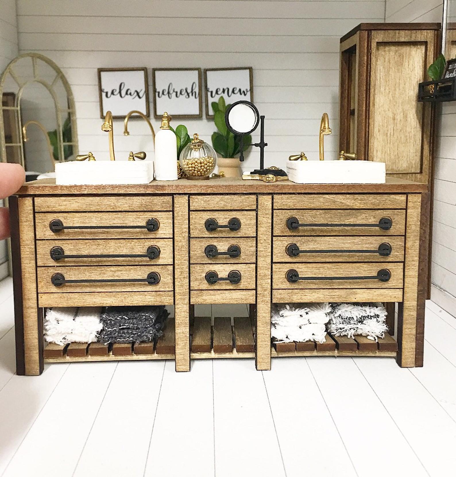 Miniature Double Farmhouse Bathroom Vanity – MyMiniatureEmporium
